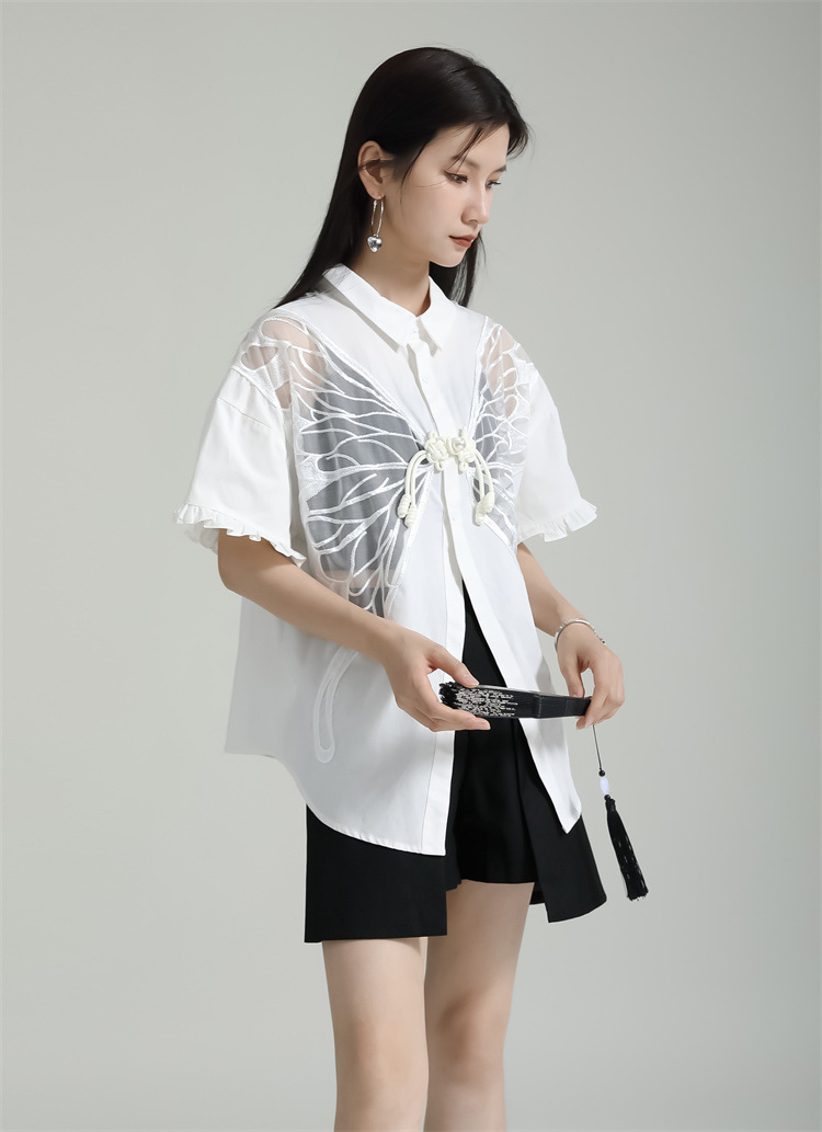 中创日臻正反两面穿蝴蝶花白色短袖衬衫女2025设计感小众衬衣夏潮-阿里巴巴