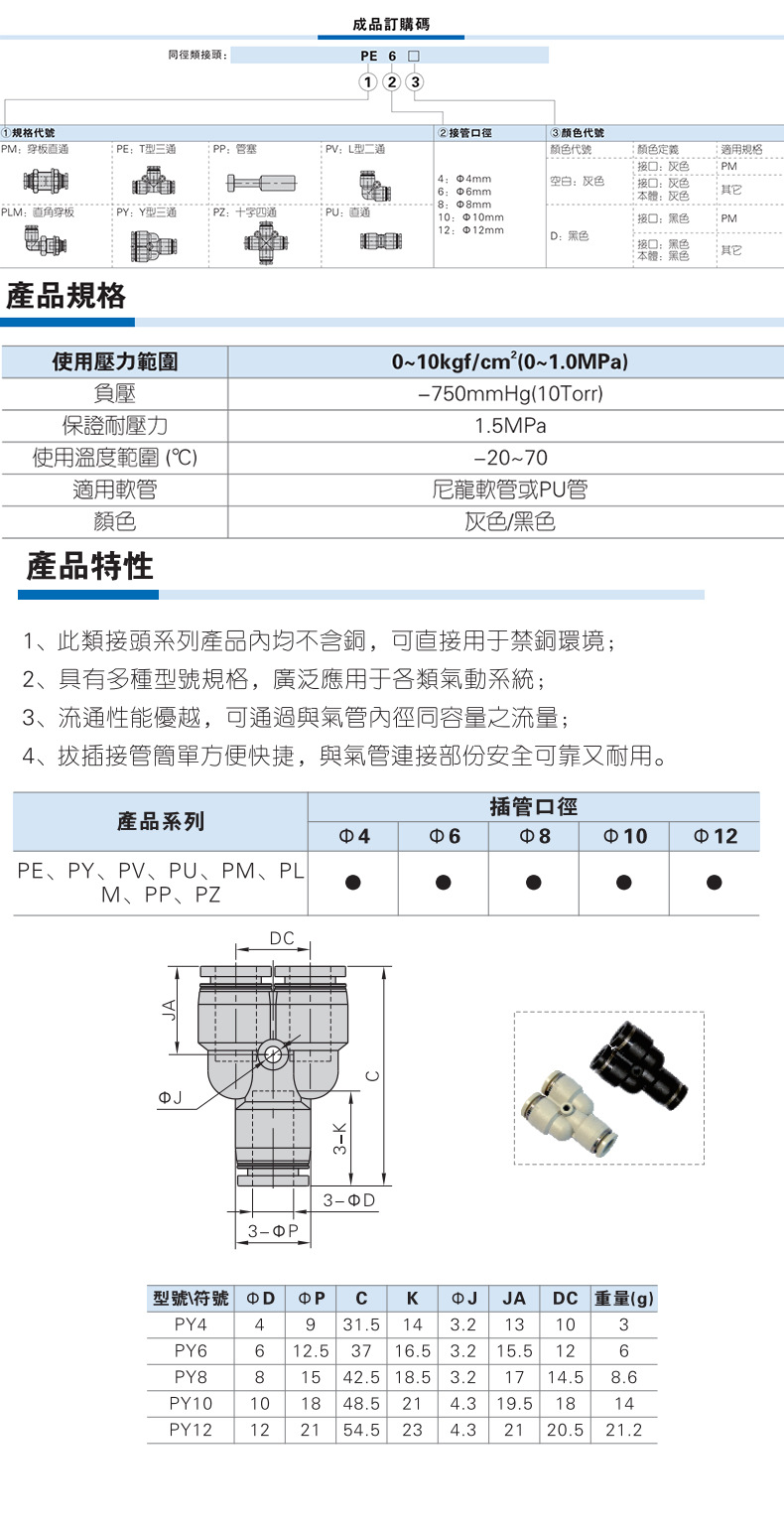 正品Airtac亚德客AIRTAC/Y型三通接头APY/PY4/6/8/10/12/14/16-阿里巴巴