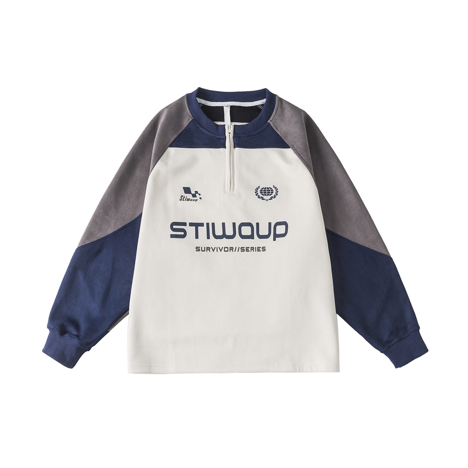 STIWAUP复古运动校园风套头宽松圆领卫衣男女麂皮绒拼色外套W639-阿里巴巴