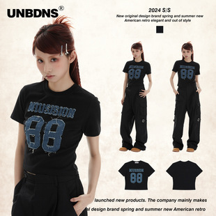 UNBDNS 街头潮牌小众设计感贴布牛仔刺绣短袖T恤美式复古辣妹上衣-阿里巴巴