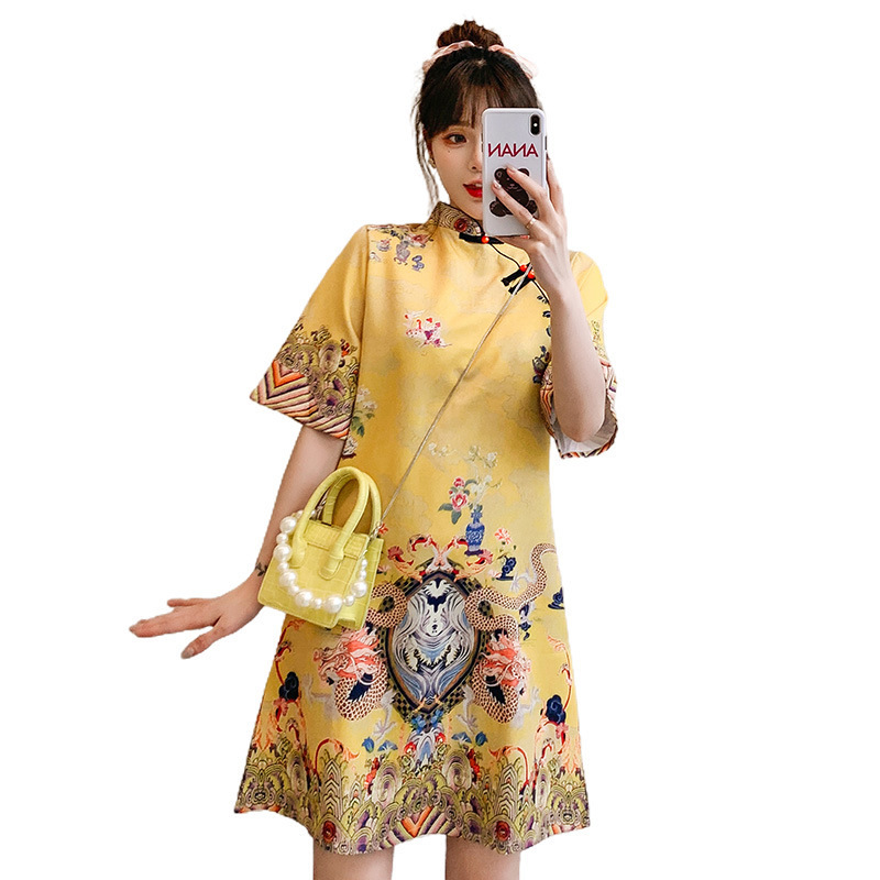 Yellow floral printed retro chinese dress qipao oriental cheongsam ...