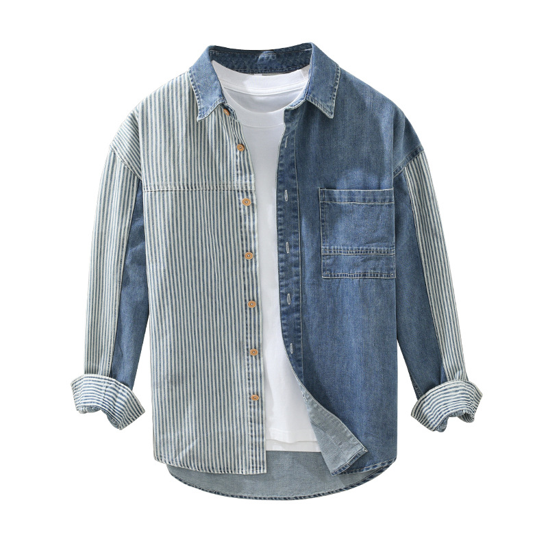 2404 spring and autumn Denim contrast color shirt men's Hong Kong style ...