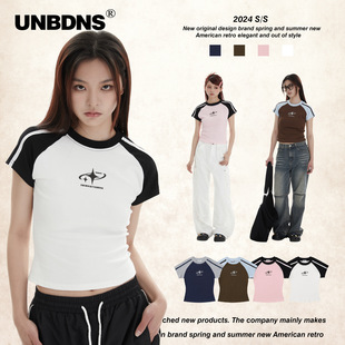 UNBDNS美式撞色插肩条纹短袖T恤女春秋辣妹复古休闲修身百搭上衣-阿里巴巴