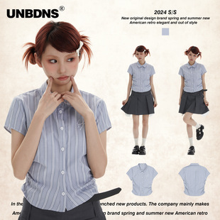 UNBDNS美式复古学院甜辣风条纹衬衫女春夏辣妹polo领衬衫上衣百搭-阿里巴巴