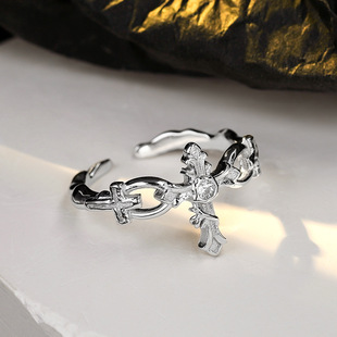 J1459 宫廷风小众设计师款S925纯银十字架食指戒女开口镶钻戒指-阿里巴巴