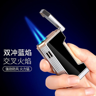 KJ906高原带孔聚焦双火直冲防风打火机 电子按压开盖侧打充气火机-阿里巴巴