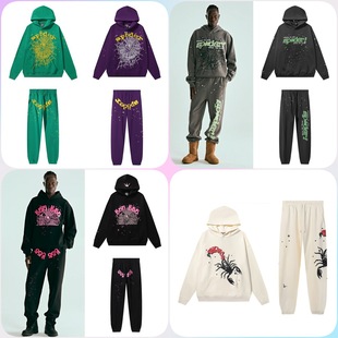 25跨境潮牌sp5de蜘蛛网555立体发泡休闲运动卫衣男女高街长裤套装-阿里巴巴