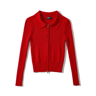 2025夏季新款法式简约风紧身显瘦螺纹翻领长袖针织衫上衣-阿里巴巴