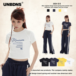UNBDNS 美式复古字母印花短袖T恤女夏辣妹修身显瘦露肚脐短款上衣-阿里巴巴