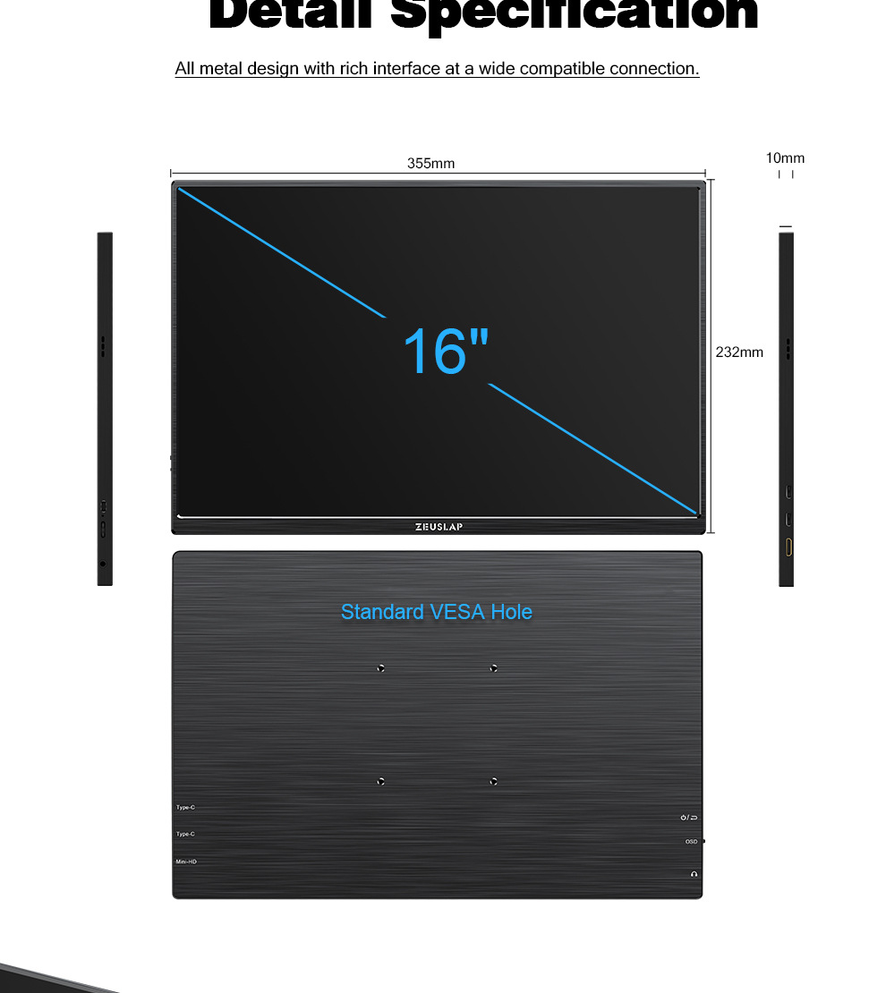 ZEUSLAP 宙斯P16K 16寸便携显示器2.5k 144hz 100色域500亮度Z16P-阿里巴巴