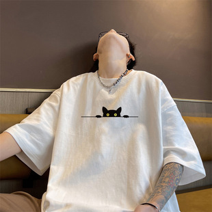 ins港风小众黑猫260g短袖t恤男休闲潮牌重磅宽松学生半袖夏款-阿里巴巴