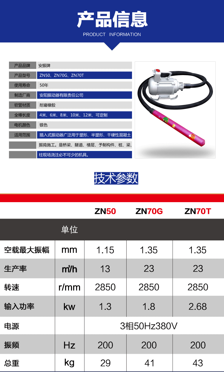 安振牌插入式混凝土振动器ZN50(1.5kw)ZN70G(2.2kw)ZN70T(3kw)-阿里巴巴
