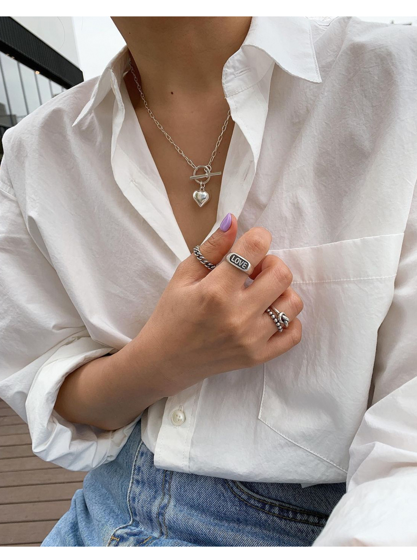 韩版S925银立体爱心OT扣项链女复古时尚气质嘻哈桃心锁骨链文艺潮-阿里巴巴