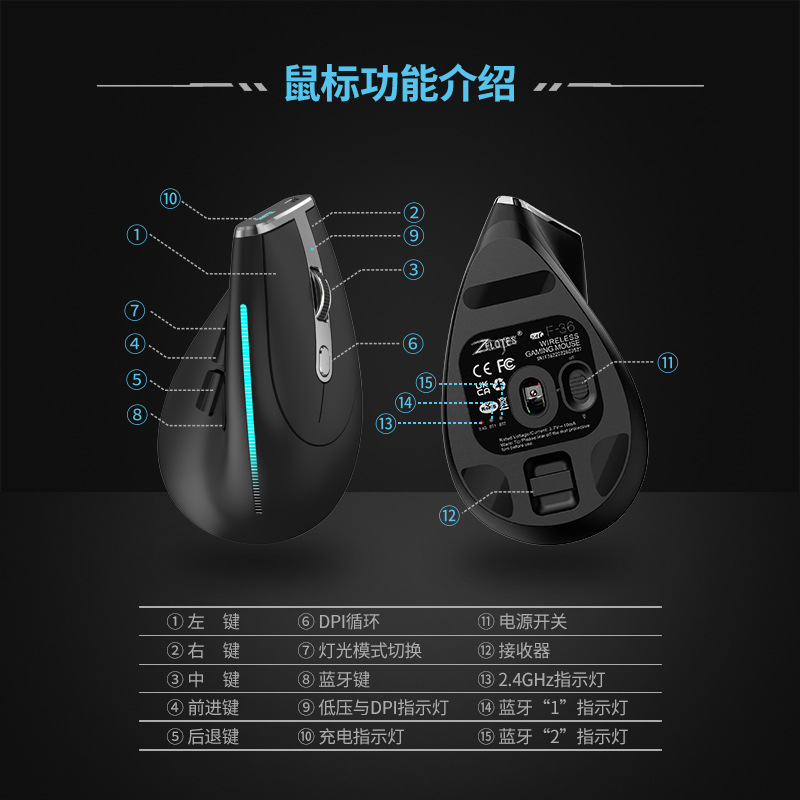 ZELOTES掌握者F-36无线垂直2.4G蓝牙鼠标 RGB编程4800DPI游戏鼠标-阿里巴巴