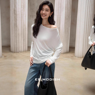 ES MODISH秋季新品高品质舒适天丝宽领纯色上衣慵懒感时尚外搭t恤-阿里巴巴