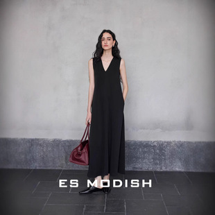 ES MODISH 春季新品度假风休闲简约大牌纯色V领无袖宽松连衣裙女-阿里巴巴