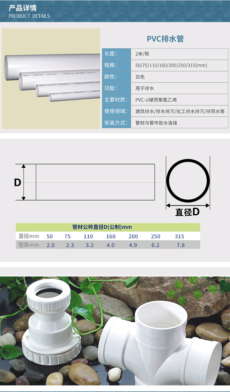 ERA公元PVC排水管下水管 PVC-U管道管材50/75/110/160厂家 直发-阿里巴巴
