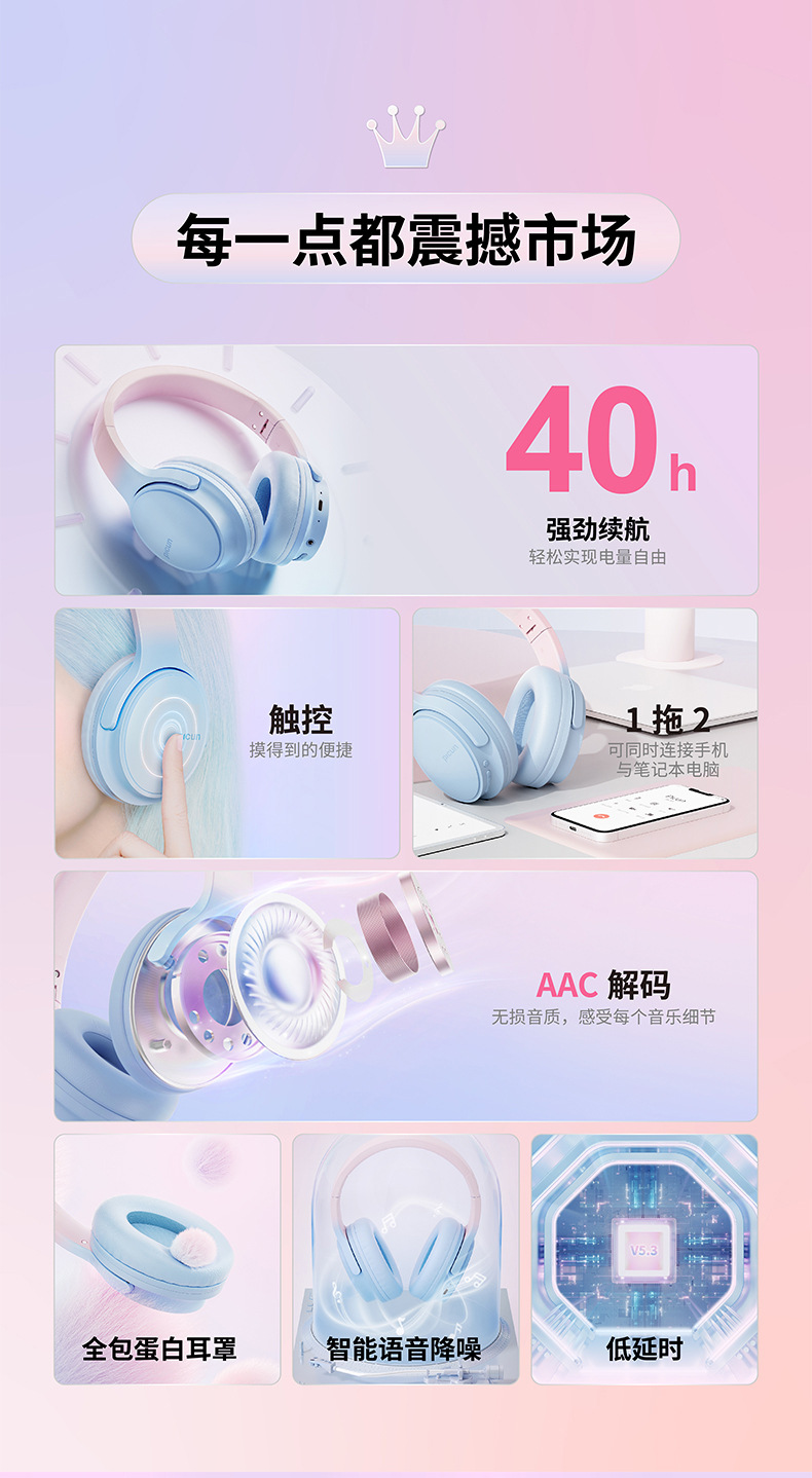 Picun品存 Queen 新款蓝牙耳机头戴式 无线耳麦游戏电脑批发跨境-阿里巴巴