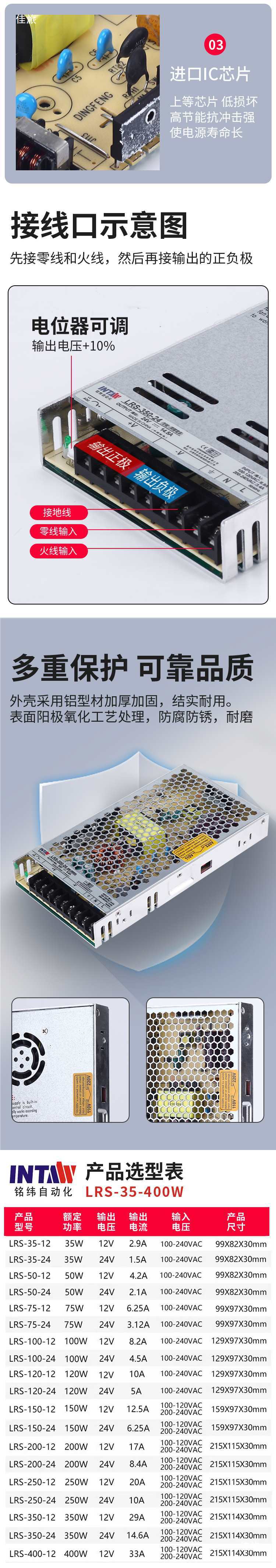 温州铭纬LRS开关电源盒12V24V36伏48V变压器220转直流350W模块40A-阿里巴巴