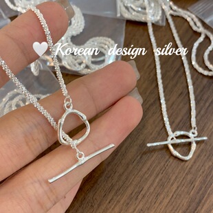 韩国ins风简约锁骨链 S925纯银波光粼粼不对称OT扣项链女款-阿里巴巴