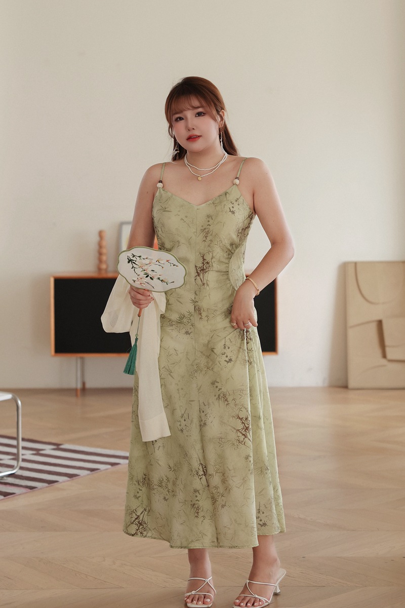 润其N8657翠竹禅意新中式V领串珠吊带裙批发 大码国风吊带连衣裙-阿里巴巴