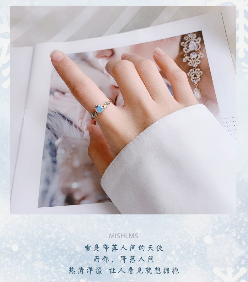 跨境海蓝澳宝纯银戒指女s925镶嵌原创小清新仙女风雪花开口指环-阿里巴巴