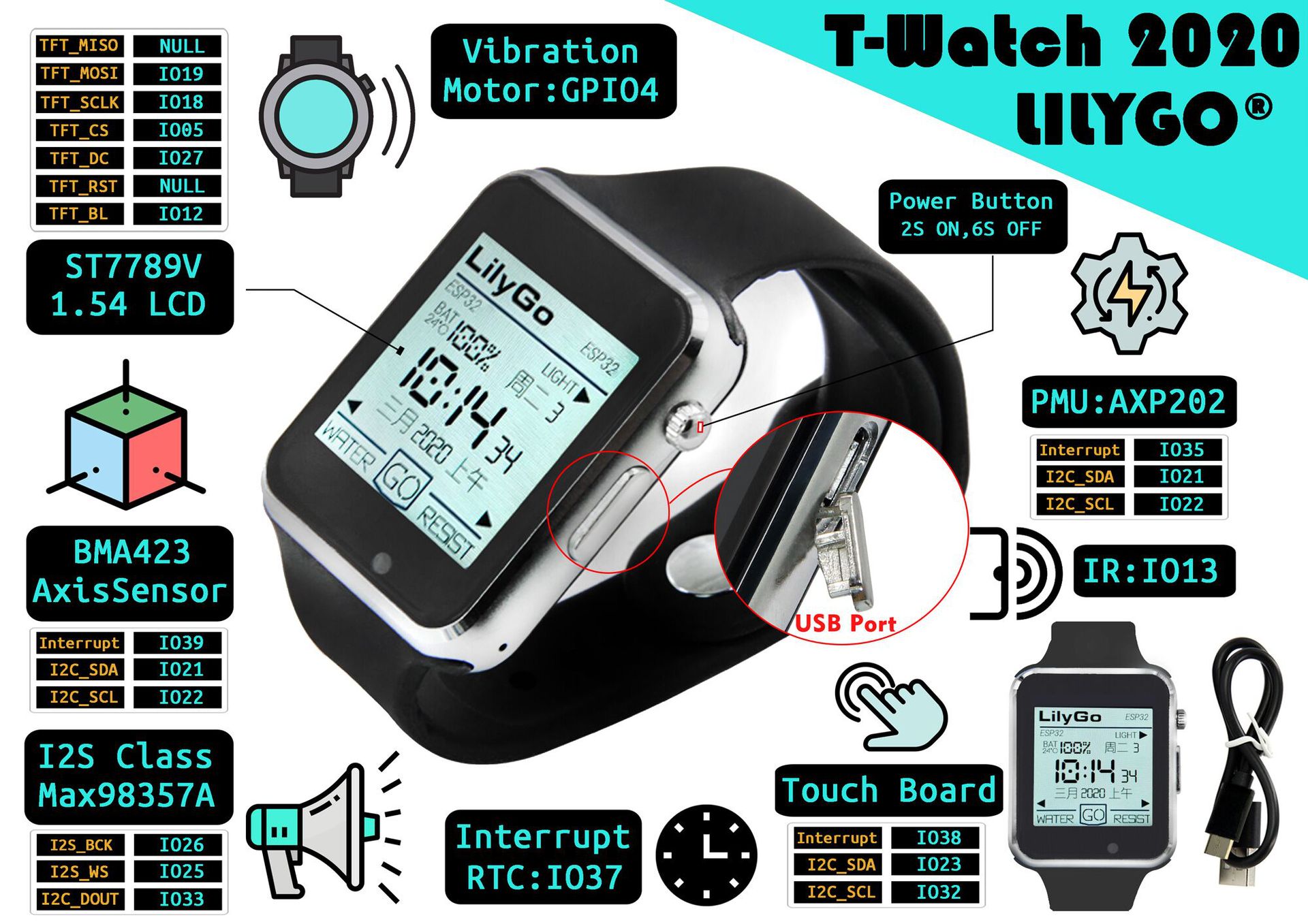 LILYGO® TTGO T-Watch-2020编程开发可穿戴设备 ESP32可编程手表-阿里巴巴