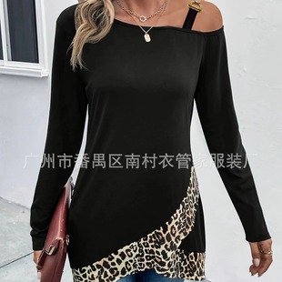 D00006外贸女装速卖通亚马逊ebay2025新款一字肩豹纹修身长袖T恤-阿里巴巴