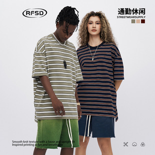 RFSD男装|重磅260G复古洗水条纹圆领短袖美式街头宽松潮牌T恤男-阿里巴巴
