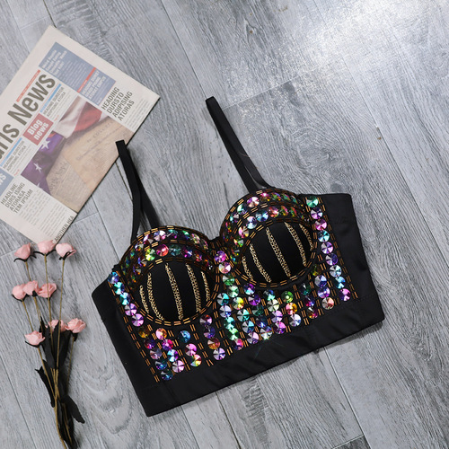 rainbow gemstones bead sequins glitter singer jazz dance bra tops ...