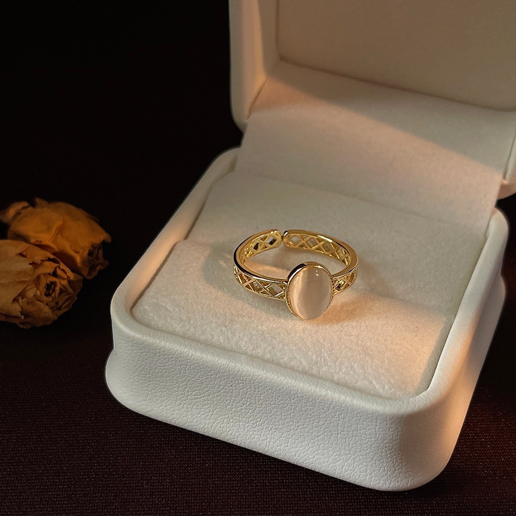 美~气质法式复古镀14K玻璃猫眼石戒指 开口可调节指环 手饰食指戒-阿里巴巴