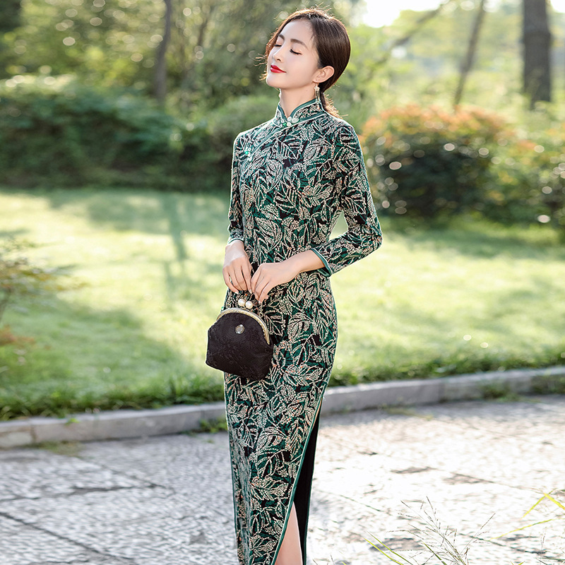 Women's Chinese Dress retro Cheongsam Qipao Dresses long sleeves leaves ...