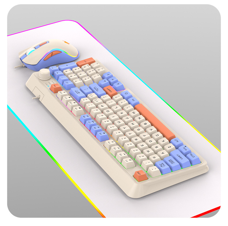 炫银狐K820有线USB键盘鼠标套装 时尚拼色旋钮游戏发光键盘笔记本-阿里巴巴