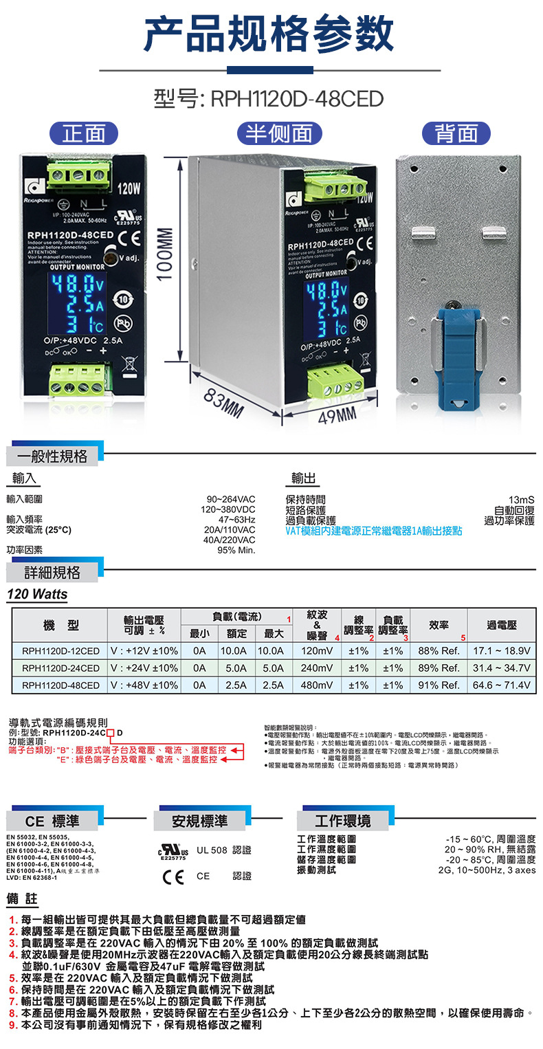 RPH1120D数显120W昂鼎导轨工业开关电源12v/24v/48v直流轨道电源-阿里巴巴