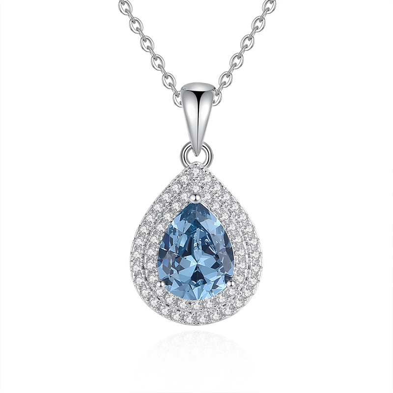 Hot sale blue pointed crystal water drop necklace S925 sterling silver ...