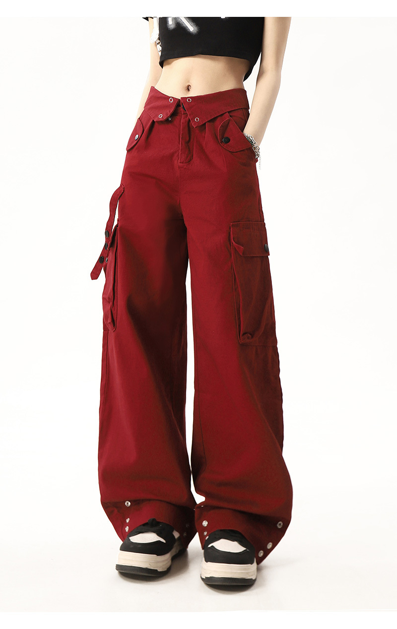 高街酒红色工装裤款小众设计感vibe机能裤子女直筒休闲裤ins-阿里巴巴