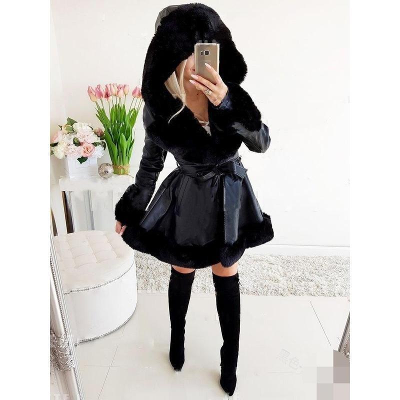 款代发跨境新款Belted Fur Hooded Fitted Coat fur chav-阿里巴巴