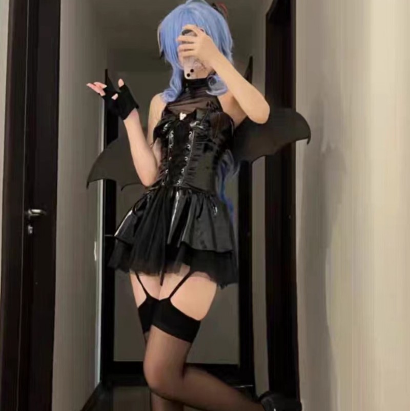 媚芝兰情趣小恶魔性感亮面PU挂脖绑带透短裙套装魅魔COS制服女装-阿里巴巴