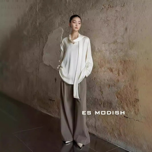 ES MODISH 秋季新品小众领带气质纯色衬衫慵懒风宽松休闲衬衣女-阿里巴巴