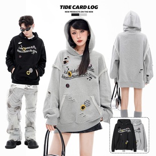 TIDE CARD LOG|秋冬新款小众设计印花毛边贴布百搭情侣款连帽卫衣-阿里巴巴
