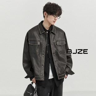 BJZE男装24秋季高级感定织亮皮擦色pu皮夹克外套雅痞帅气翻领上衣-阿里巴巴