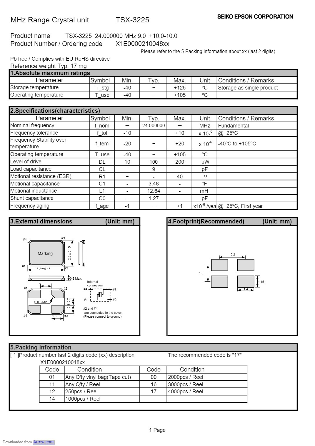 TSX-3225 24MHz 9PF 10PPM X1E0000210048 无源晶振 爱普生-阿里巴巴