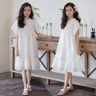 女童连衣裙夏季镂空花边袖裙子2024新款中大童儿童小香风公主裙子-阿里巴巴