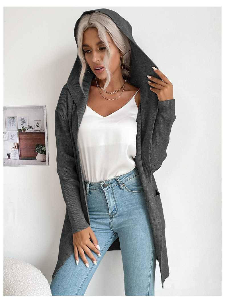 Women's Solid Color Hooded Knit Sweater Cardigan