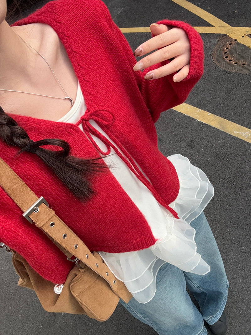 实拍 2025秋冬新款韩系红色系带长袖针织开衫荷叶边吊带背心套装-阿里巴巴