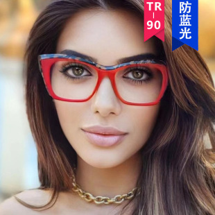 欧美个性撞色方形猫眼平光镜时尚ins防蓝光TR90眼镜框街拍眼镜架-阿里巴巴
