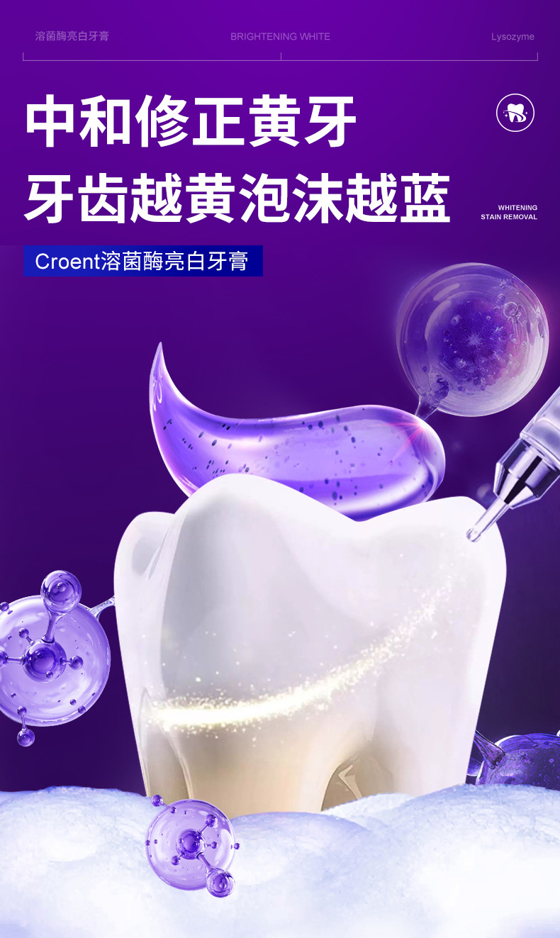 新款croent溶菌酶亮白牙膏美白清新口气紫色牙膏去渍炫白家庭洁牙-阿里巴巴