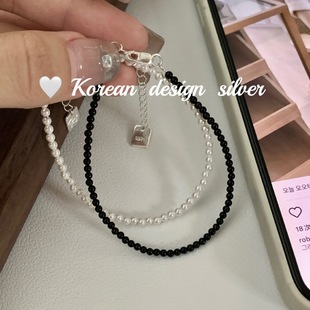 ins博主fever同款黑玛瑙手链 S925纯银简约施家珍珠手饰品 叠戴女-阿里巴巴