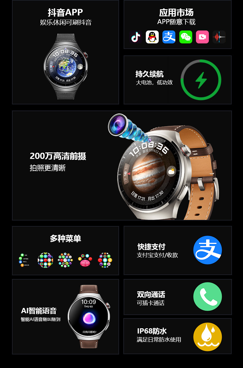 GS38(子腾园)5G全网通AI抖音支付学生成人下载QQ心率视频电话手表-阿里巴巴