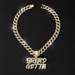 嘻哈个性字母BREAD GETTA满钻合金吊坠欧美跨境时尚古巴链男项链-阿里巴巴
